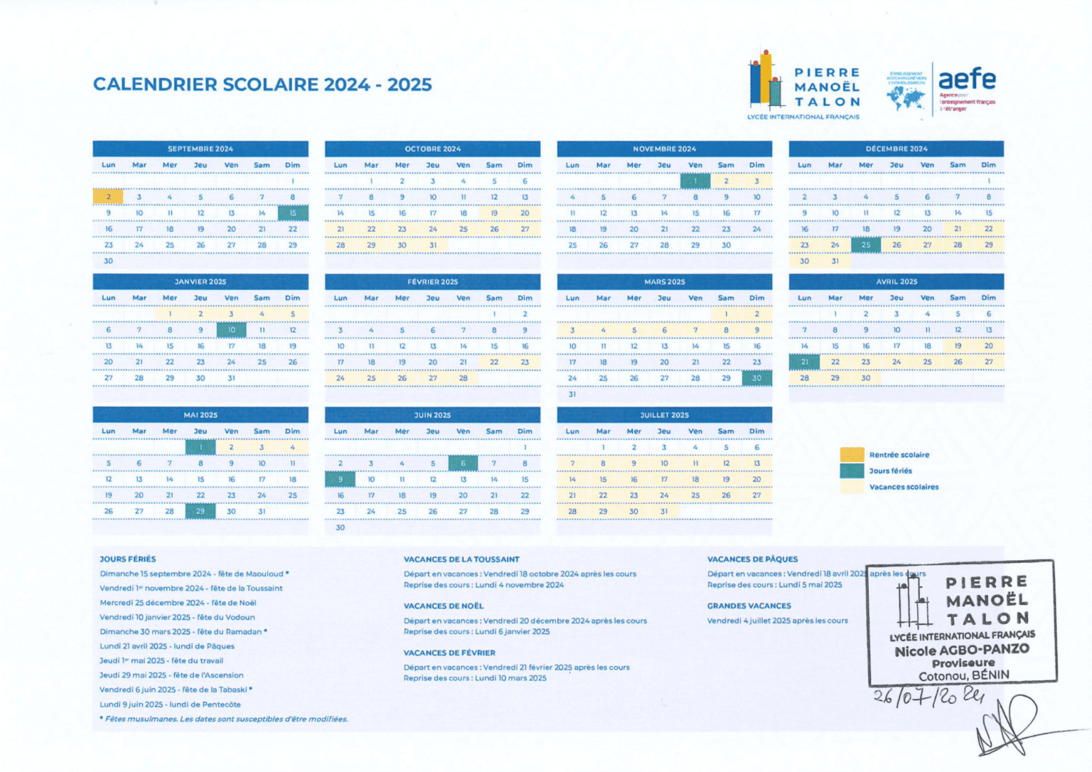 CALENDRIER SCOLAIRE - LIF Pierre Manoël Talon